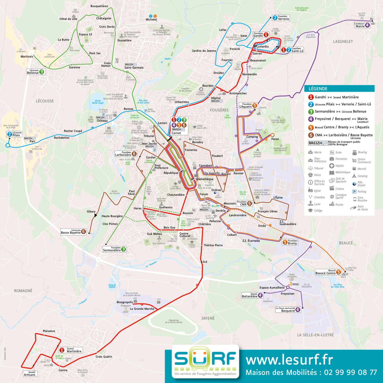 Plan du réseau de bus de Fougères - SURF